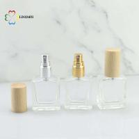 China Wholesale Flat Square Glass Perfume Atomizer Bottles | 10ml, 15ml, 30ml Empty Refillable Spray Bottles with Metallic Aluminum& Wooden Caps for sale