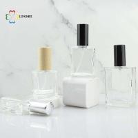 China Wholesale Flat Square Glass Perfume Atomizer Bottles | 10ml, 15ml, 30ml Empty Refillable Spray Bottles with Metallic Aluminum& Wooden Caps for sale