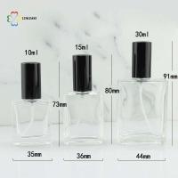 China Wholesale Flat Square Glass Perfume Atomizer Bottles | 10ml, 15ml, 30ml Empty Refillable Spray Bottles with Metallic Aluminum& Wooden Caps for sale
