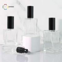 China Wholesale Flat Square Glass Perfume Atomizer Bottles | 10ml, 15ml, 30ml Empty Refillable Spray Bottles with Metallic Aluminum& Wooden Caps for sale