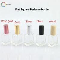 China Wholesale Flat Square Glass Perfume Atomizer Bottles | 10ml, 15ml, 30ml Empty Refillable Spray Bottles with Metallic Aluminum& Wooden Caps for sale