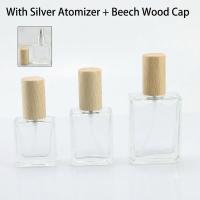 China Wholesale Flat Square Glass Perfume Atomizer Bottles | 10ml, 15ml, 30ml Empty Refillable Spray Bottles with Metallic Aluminum& Wooden Caps for sale