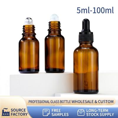 China Amber Glass Roller Bottles 5ml, 10ml, 15ml, 20ml, 30ml, 50ml, 100ml for Essential Oils Wholesale | 5ml-100ml UV Light-Blocking Empty Glass Roll-on Bottles with Steel/Glass Balls for sale