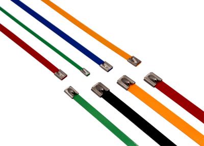 China 7.9*0.25*600mm 201,304,316 grade colorized epoxy polyester ball-lock plastic coated  stainless steel cable ties for sale