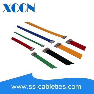 China 7.9*0.25*150mm 201,304,316 grade colorized epoxy polyester ball-lock plastic coated stainless steel cable ties for sale