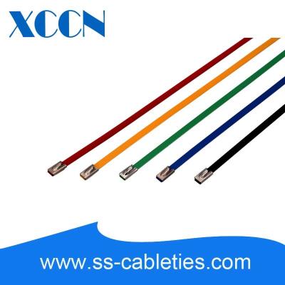 China 7.9*0.25*500mm 201,304,316 grade colorized epoxy polyester ball-lock plastic coated stainless steel cable ties for sale