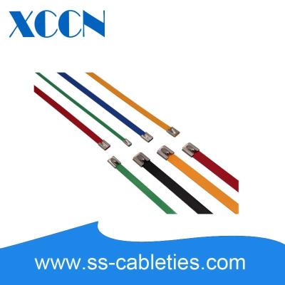 China 7.9*0.25*700mm 201,304,316 grade colorized epoxy polyester ball-lock plastic coated stainless steel cable ties for sale
