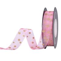 China Gold Foil Chiffon Ribbon Printing Custom Logo Satin 100% Polyester For Packaging Roll for sale
