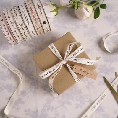 China Personalised Box Wrapping Decoration Natural Herringbone Cotton Ink Printed Ribbon for Gift & Flower for sale
