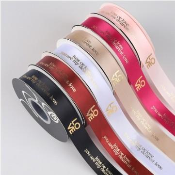 China English Polyester Ribbon Flower Packaging Ribbon for DIY Bouquet Decoration 2.5 cm Love Gold Stamping for sale