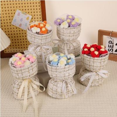 China Small Style Knitted Wool Bouquet 8 Puff Flowers Hand-Woven Bouquet Creative Birthday Gift Multiple Color 10*10*15cm for sale