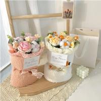 China Children's Day Gift Portable Simulation Bouquet Bag with Knitted Plush Rose Puff Flower in Multiple Colors for sale