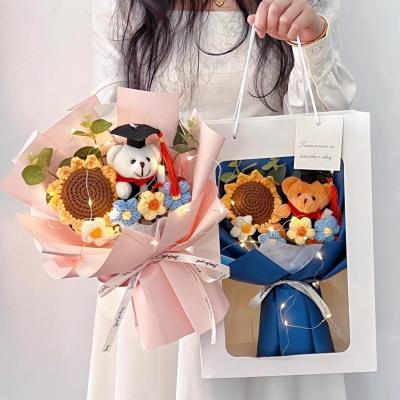 China Graduation Bear Sunflower Knit Bouquet Set Creative Handmade Gift Yarn Flower Gift for Teachers Birthday Gift for sale