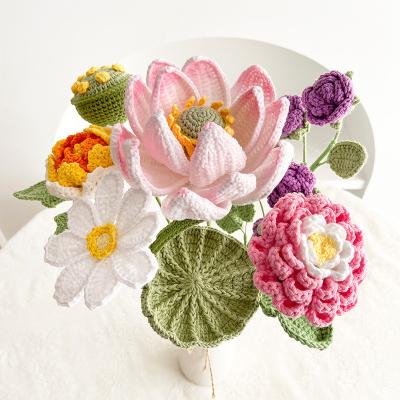 China Handmade Knitted Pile Artificial Flower Bouquet with Lotus and Peony Flowers A Beautiful Home Desktop Ornament for sale