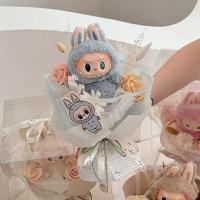 China Cute Finished Labubu Plush Doll Bouquet Labubu Plush Doll with Real Flowers Birthday Gift Boutique Wholesale for sale