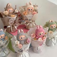 China Cute Finished Labubu Plush Doll Bouquet Labubu Plush Doll with Real Flowers Birthday Gift Boutique Wholesale for sale