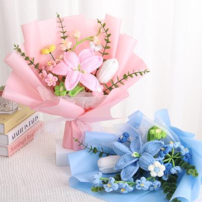China Cross-border Mother's Day gift birthday knitted rose bouquet wool knitted sunflower simulation flower lily for sale