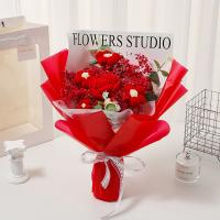 China Rose and Baby's Breath Dried Flowers Knitted Bouquet Handwoven Yarn Floral Arrangement 30x30cm for sale