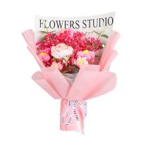 China Rose and Baby's Breath Dried Flowers Knitted Bouquet Handwoven Yarn Floral Arrangement 30x30cm for sale