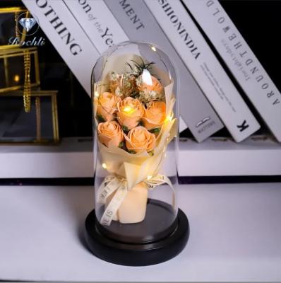 China Wholesale Factory Ins Artificial LED Decorative Flowers Birthday Glass Dome Rose Bouquet Valentine's Day Quality Soap Roses for sale