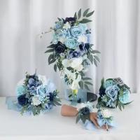 China Ice Blue Rose Bride Holding Flowers Bridesmaid Bouquet Wedding Corsage Wrist Flower Wedding Artificial Flowers for sale