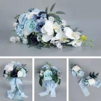 China Ice Blue Rose Bride Holding Flowers Bridesmaid Bouquet Wedding Corsage Wrist Flower Wedding Artificial Flowers for sale