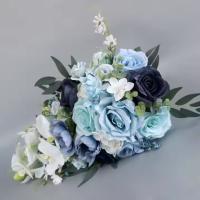 China Ice Blue Rose Bride Holding Flowers Bridesmaid Bouquet Wedding Corsage Wrist Flower Wedding Artificial Flowers for sale