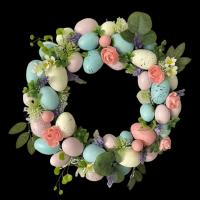 China Senmasine Egg Easter Wreath for Front Door Hanging Spring Decor Mixed Colorful Plastic Eggs Artificial Leaves Flowers Wreaths for sale