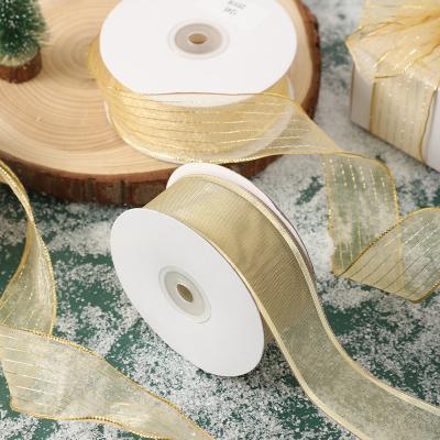 China Polyester Christmas Ribbon for Baking Packaging 4cm/25m Metal Wire Edge Gift Packaging Ribbon Net Snow Ribbon Decoration Ribbon for sale