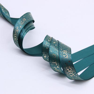 China 2cm green ribbon gift box packaging flower cake ribbon BESTWISHES hot stamping gift ribbon for sale