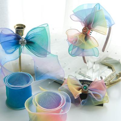 China Korean imported rainbow grilled edge fungus rolled edge yarn handmade DIY jewelry hair clip bow ribbon children's headwear for sale