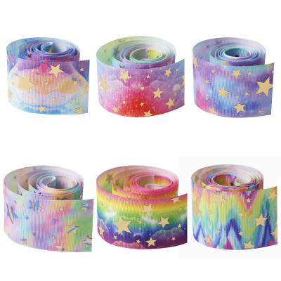 China Meisida ribbon 3.8cm thread ribbon hot gold and silver star rainbow gradient color ribbon wholesale for sale