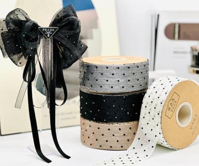 China Gift Wrapping Ribbon Roll 4cm with Dots Flocking and Tree Wrinkles Ideal for Flower Packaging and Headwear Accessories for sale