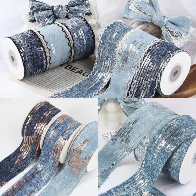 China Handmade Bows Sequins Straight Cut Edges Denim Webbing Color Fastness Hair Accessories DIY Materials Clothing Accessories Straps 4cm/10m for sale