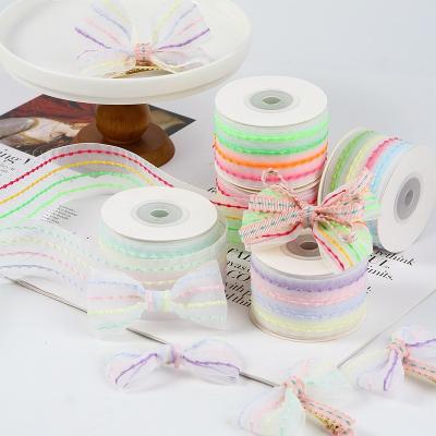 China 4cm/10m Four Color Striped Bubble Transparent Gauze Ribbon Hair Accessory Eco-friendly Material for DIY Bow Bouquet Packaging for sale