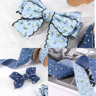 China 2.5cm Bud Edge/straight Edge Single-sided Small Floral Imitation Denim Ribbon Flower Gift Box Packaging DIY Bow Headband Color Fastness for sale