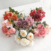China Simulated European style small handle bouquet of roses, fake flowers, living room home decoration, simulated bouquet of 6 hydrangeas, hibiscus roses for sale