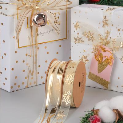 China Valentine's Day Decoration Snow Gauze Gift Cake Flower Packaging Ribbon Tie with White Gilding for sale
