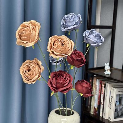 China Simulated Flowers, 3 Roses, Wedding Home Decor, Handmade Bouquet Scene Arrangement, Cross border Fake Flower Ornament for sale