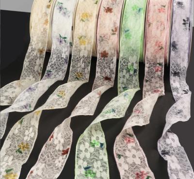 China Green 2.5cm/10m Ribbon Lace Flower Materials for Qixi Valentine's Day Beauty Gauze Bouquet for sale