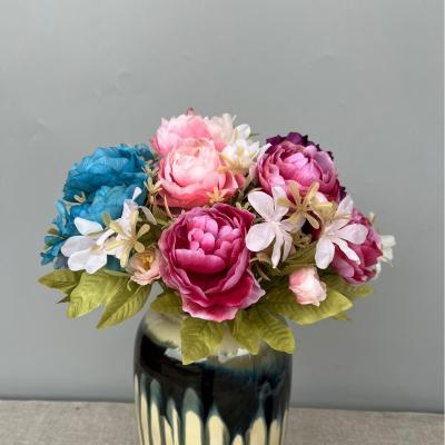 China Simulated Heavenly Fragrance Peony Bouquet Fake Flowers Peach Fragrance Plastic Wedding Roses Home Flower Arrangement Living Room Decoration for sale