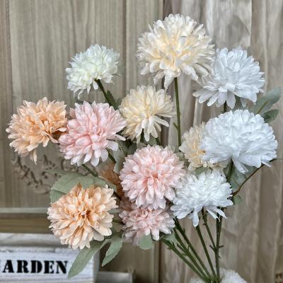 China 3-Headed Chrysanthemum Imitation Authentic Bouquet Wedding Flowers High End Touching Silk Flower Finished Decoration Living Room Decoration for sale