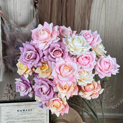 China Three head embossed rose wedding decoration flower material flower wall background simulation flower home soft decoration rose finished product for sale