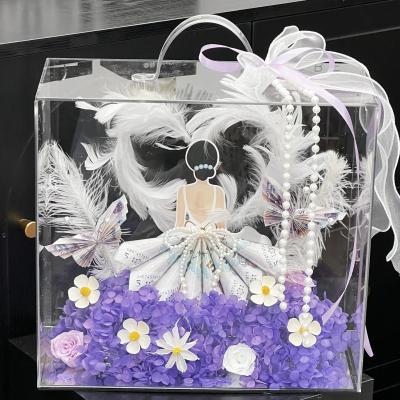 China Acrylic hand-held flower arrangement box, fresh flower bouquet, floral art packaging box, diy material waterproof transparent light luxury souvenir gift box for sale