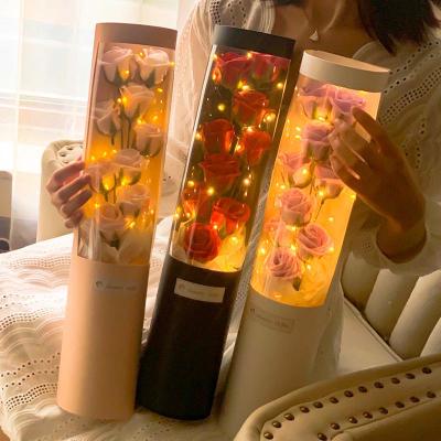 China New Arrival Valentine's Day Gift Realistic Rose Soap Flowers Hug Bucket Birthday Gift With LED Lights 9-Stem Soap Rose Bouquet for sale