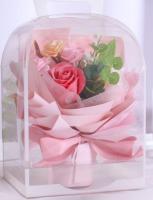 China Soap Rose Flower Bouquet Mothers Day Gift With Handbag Gift Box Artificial Clear Flower Bow Tie Floral Scented Rose for sale