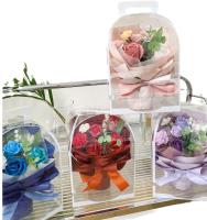 China Soap Rose Flower Bouquet Mothers Day Gift With Handbag Gift Box Artificial Clear Flower Bow Tie Floral Scented Rose for sale