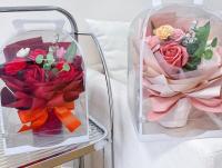 China Soap Rose Flower Bouquet Mothers Day Gift With Handbag Gift Box Artificial Clear Flower Bow Tie Floral Scented Rose for sale