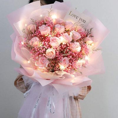 China Baby's Breath Artificial Soap Flower Bouquet With White Gauze Fale Roses Flowers Valentine's Day Gift for sale