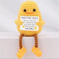 China Funny Crochet Kawaii Stuffed Emotional Positive Duck Plush Toy Funny Knitted Positive Duck Crochet Doll Bag Pendant Gift for sale